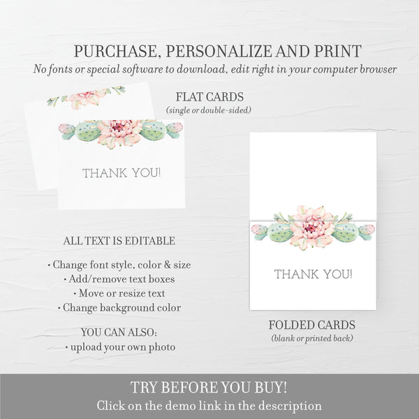 Cactus Thank You Card Template, Succulent Thank You Note, Folded and F ...