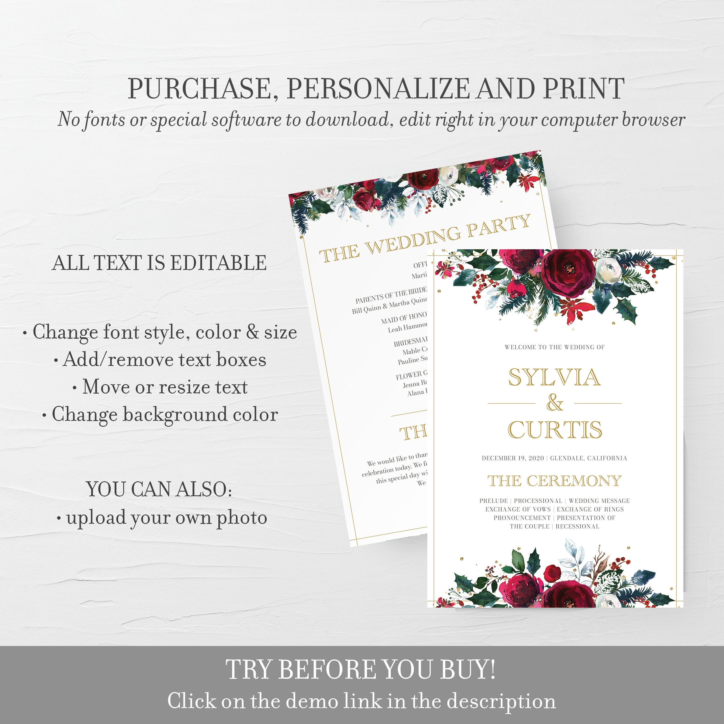 Christmas Wedding Program Template, Printable Winter Wedding Ceremony ...