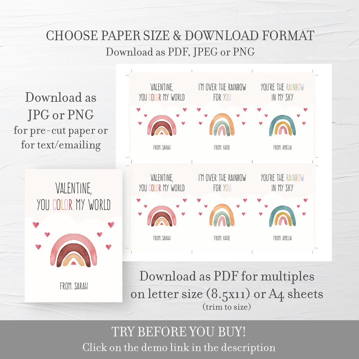 Boho Rainbow Printable Valentine Card Template, Printable Pastel Rainb ...