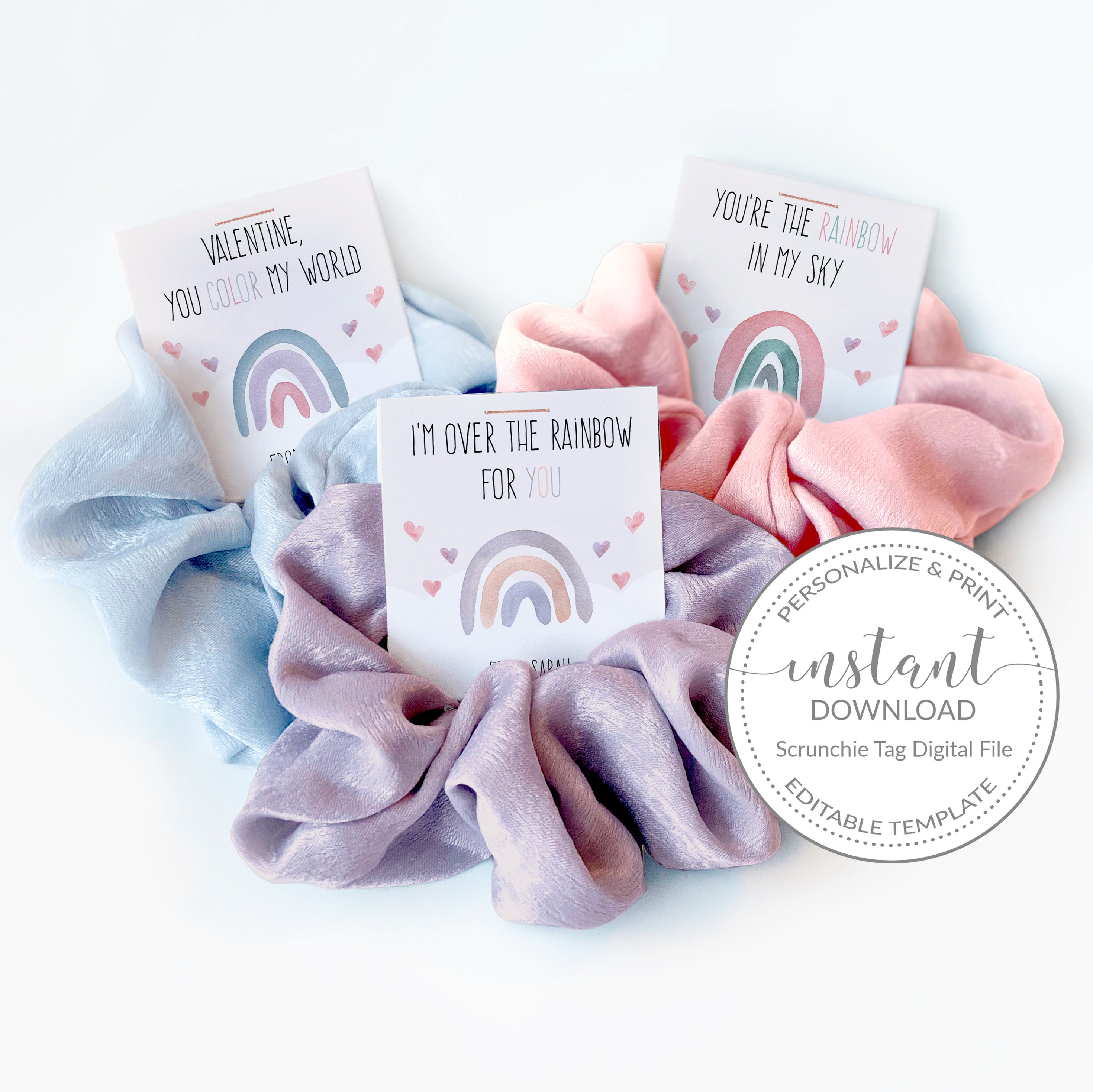 Boho Rainbow Valentine Card Template for Hair Scrunchies, Printable Pa ...
