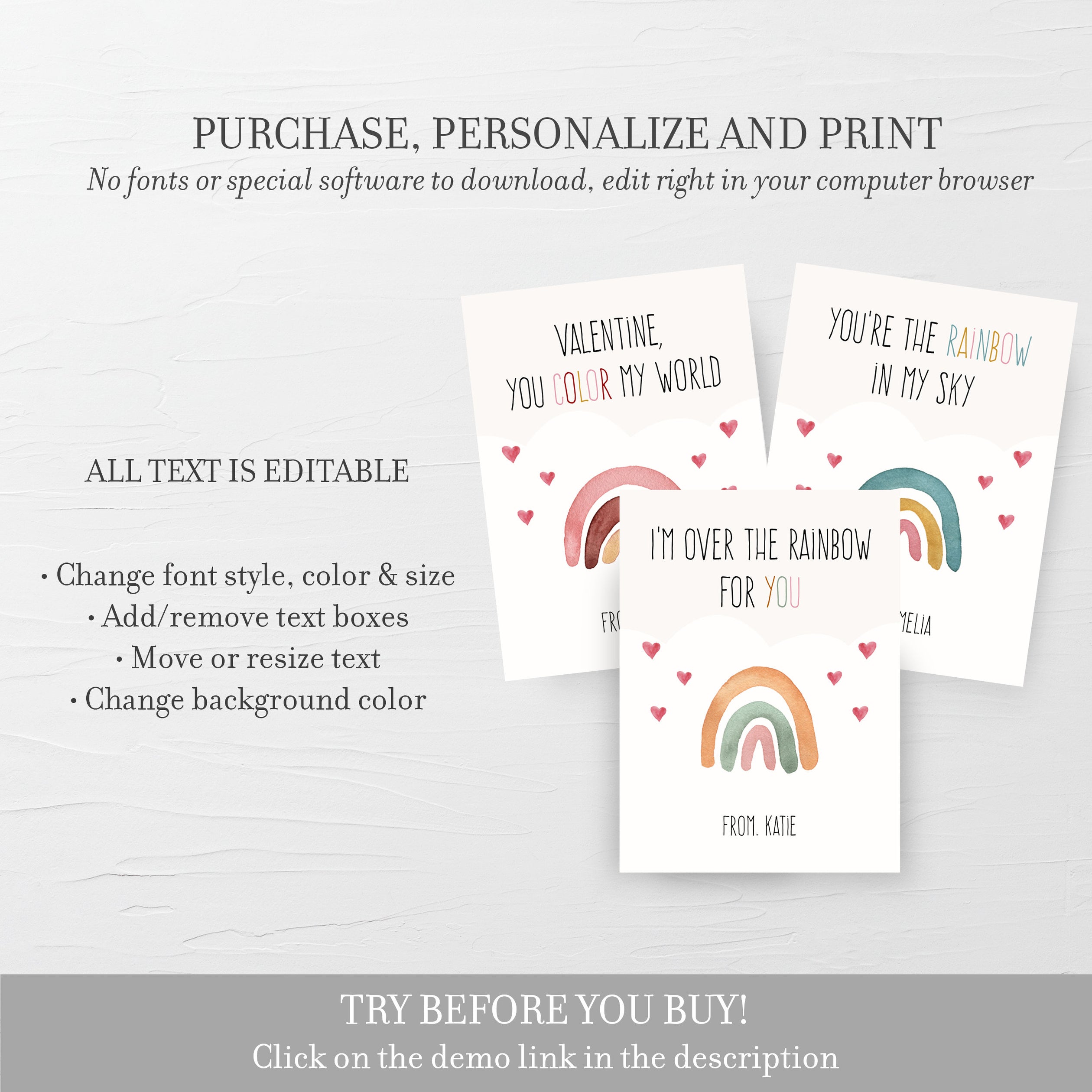 Boho Rainbow Printable Valentine Card Template, Printable Pastel Rainb ...