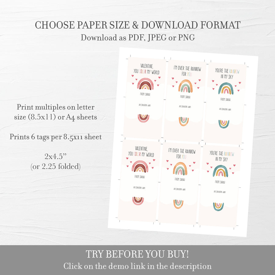 Boho Rainbow Valentine Card Template for Hair Scrunchies, Printable Pa ...
