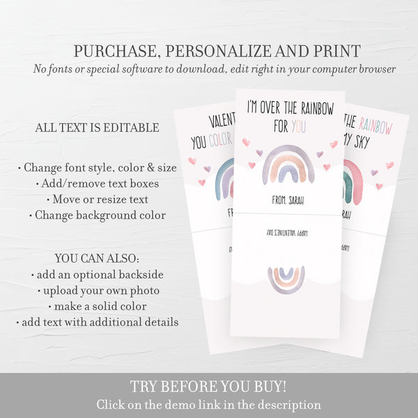 Boho Rainbow Valentine Card Template for Hair Scrunchies, Printable Pa ...