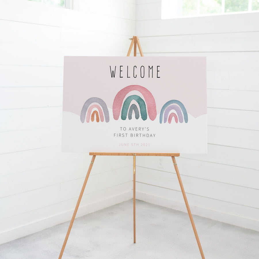 Boho Rainbow Party Welcome Sign Template, Printable Large Watercolor R ...
