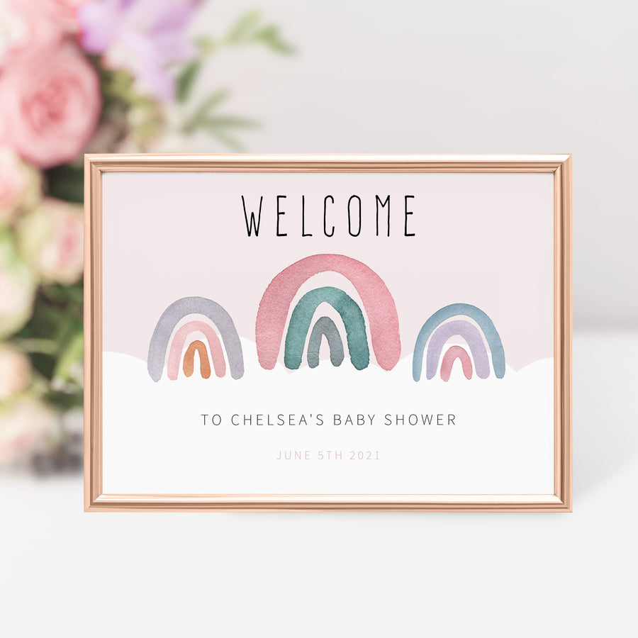 Boho Rainbow Baby Shower Welcome Sign Template, Printable Large Waterc ...