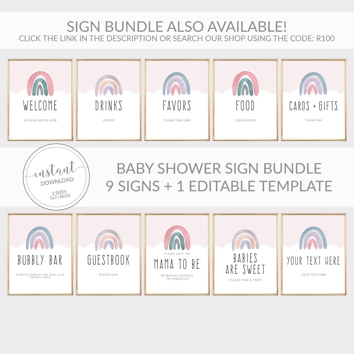 Boho Rainbow Baby Shower Welcome Sign Template, Printable Large Waterc ...