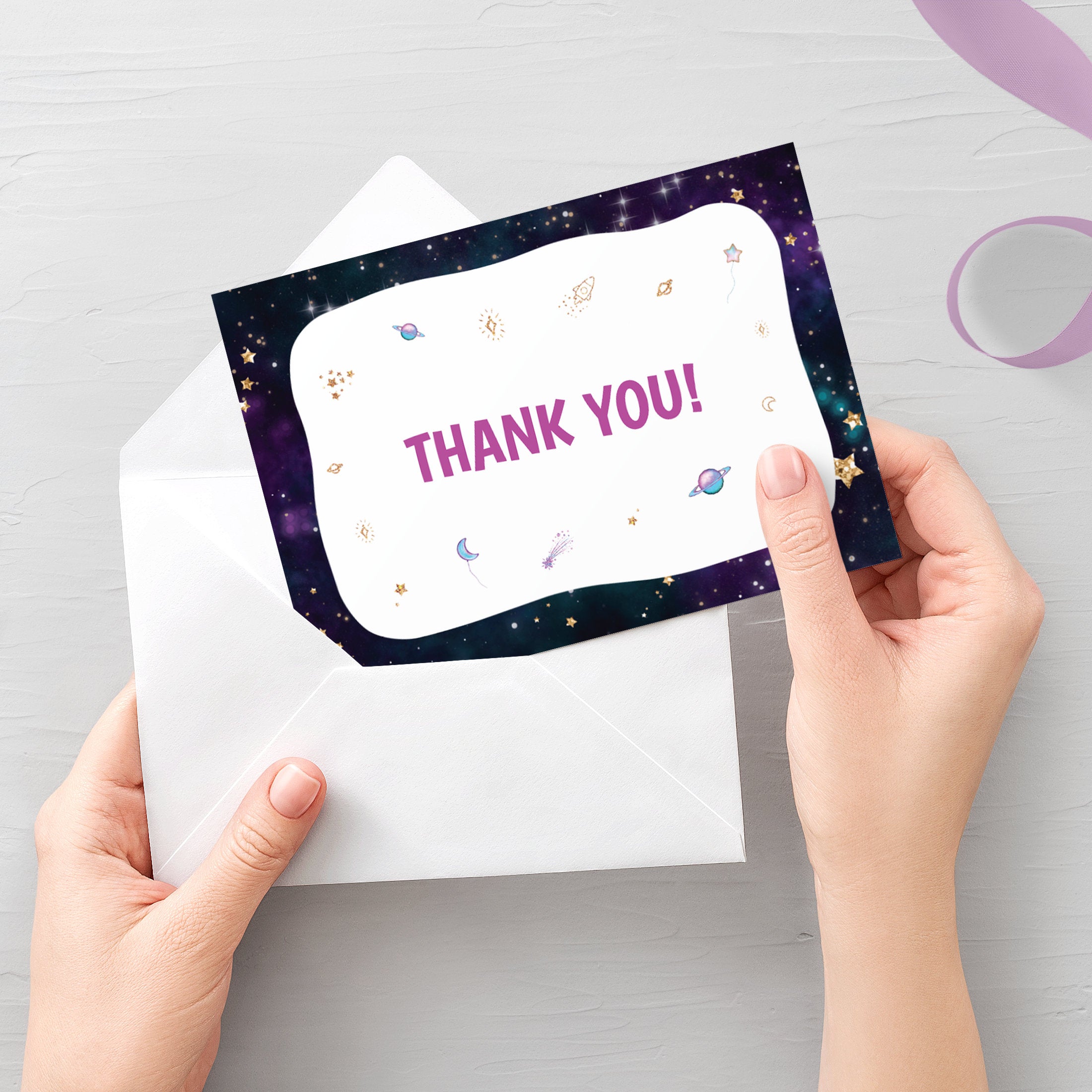 Outer Space Thank You Card Template, Printable Galaxy Themed Thank You ...