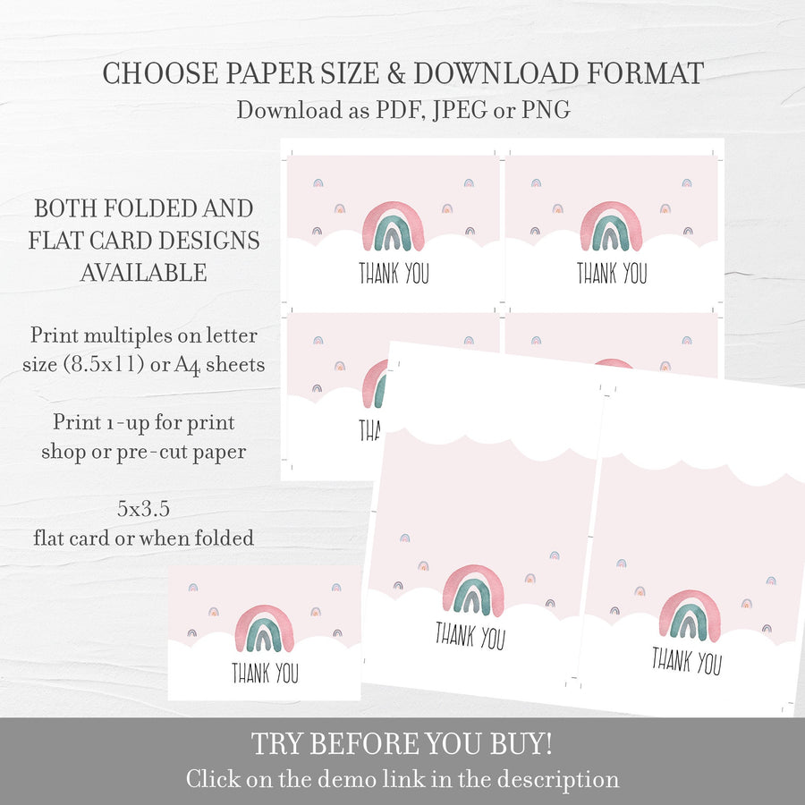 Boho Rainbow Thank You Card Template, Printable Watercolor Rainbow Tha ...