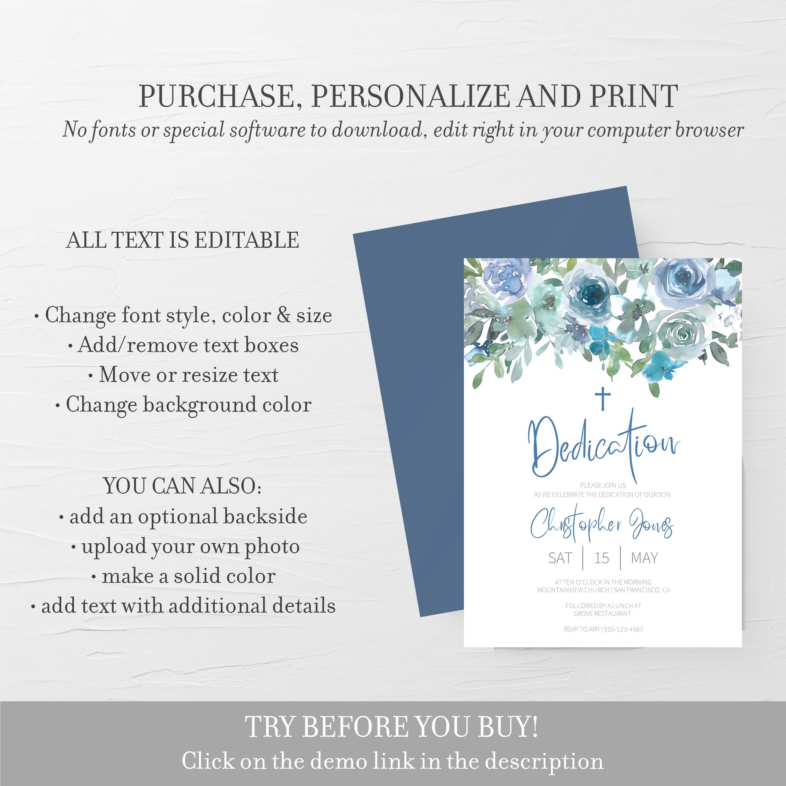 Blue Floral Baby Boy Dedication Invitation Template, Printable Dedicat ...