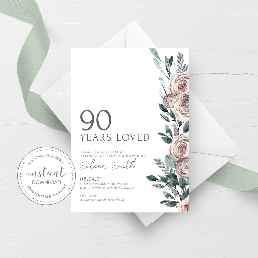 Boho Rose 90th Birthday Invitation Template, Printable 90 Years Loved ...