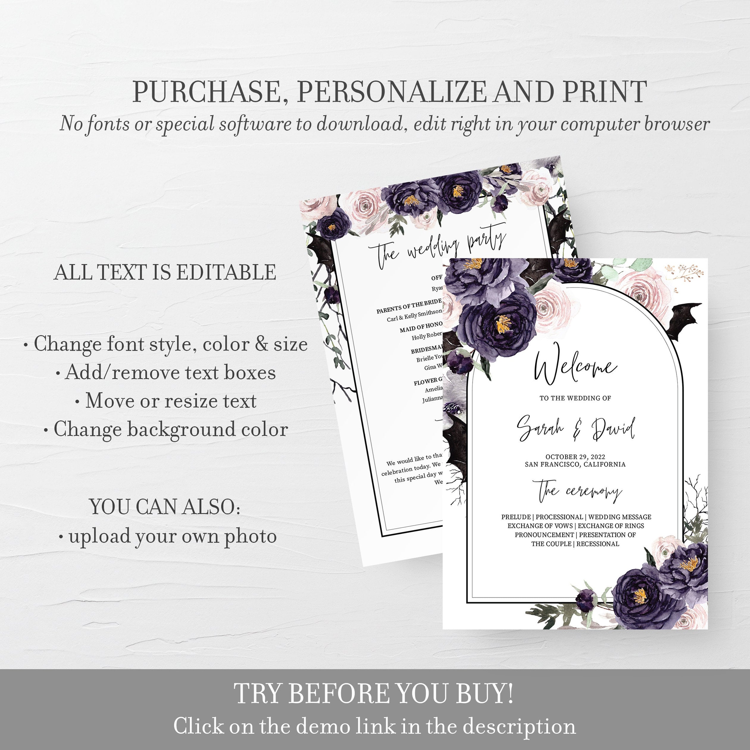 Halloween Wedding Program Template, Printable Gothic Ceremony Programs ...