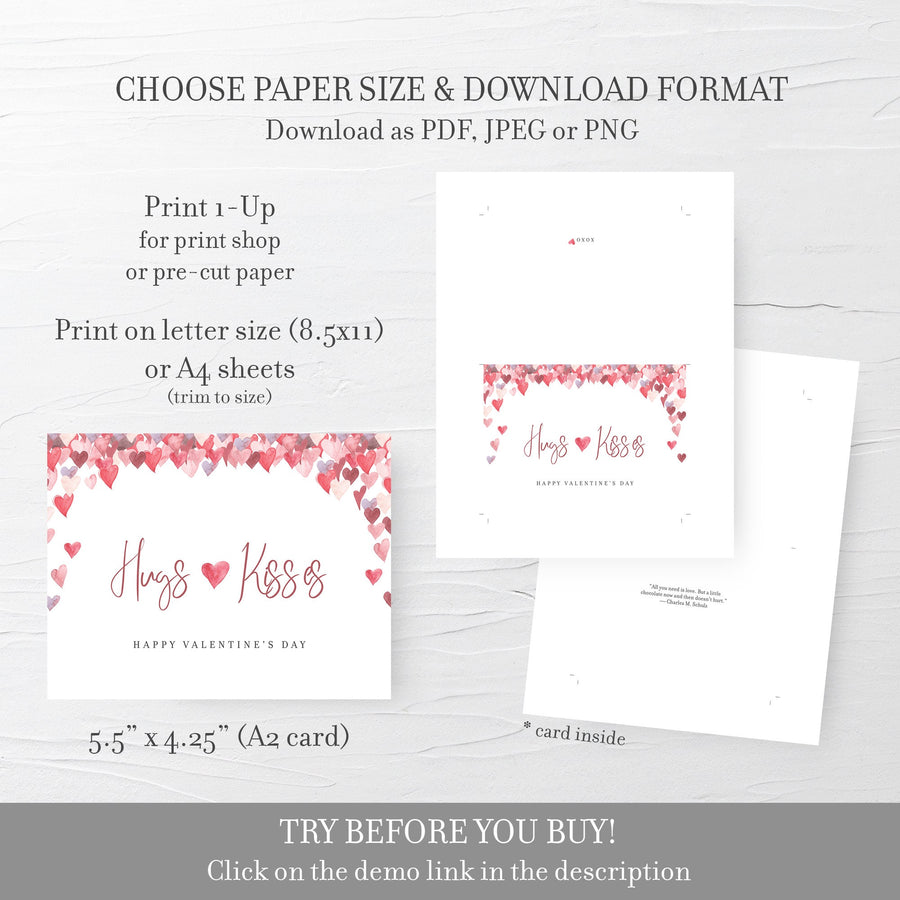 Valentines Hugs & Kisses Hearts Card Template, Printable Be My Valenti ...