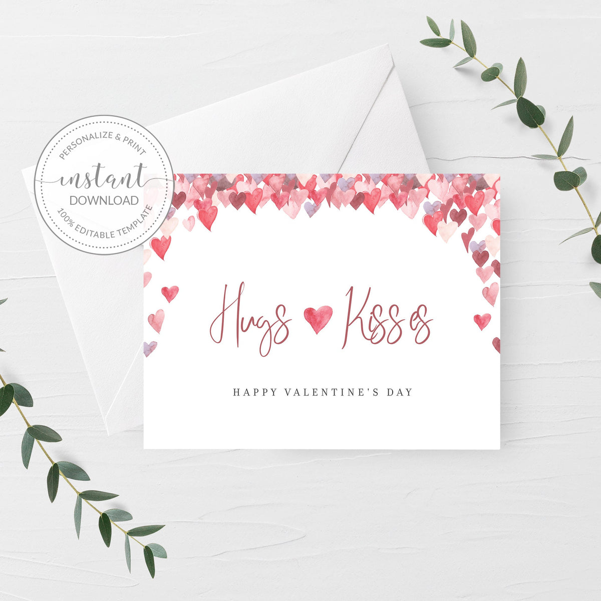 Valentines Hugs & Kisses Hearts Card Template, Printable Be My Valenti ...