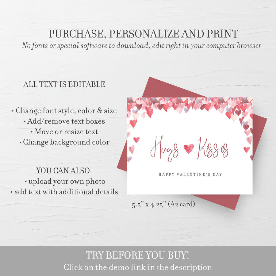 Valentines Hugs & Kisses Hearts Card Template, Printable Be My Valenti ...