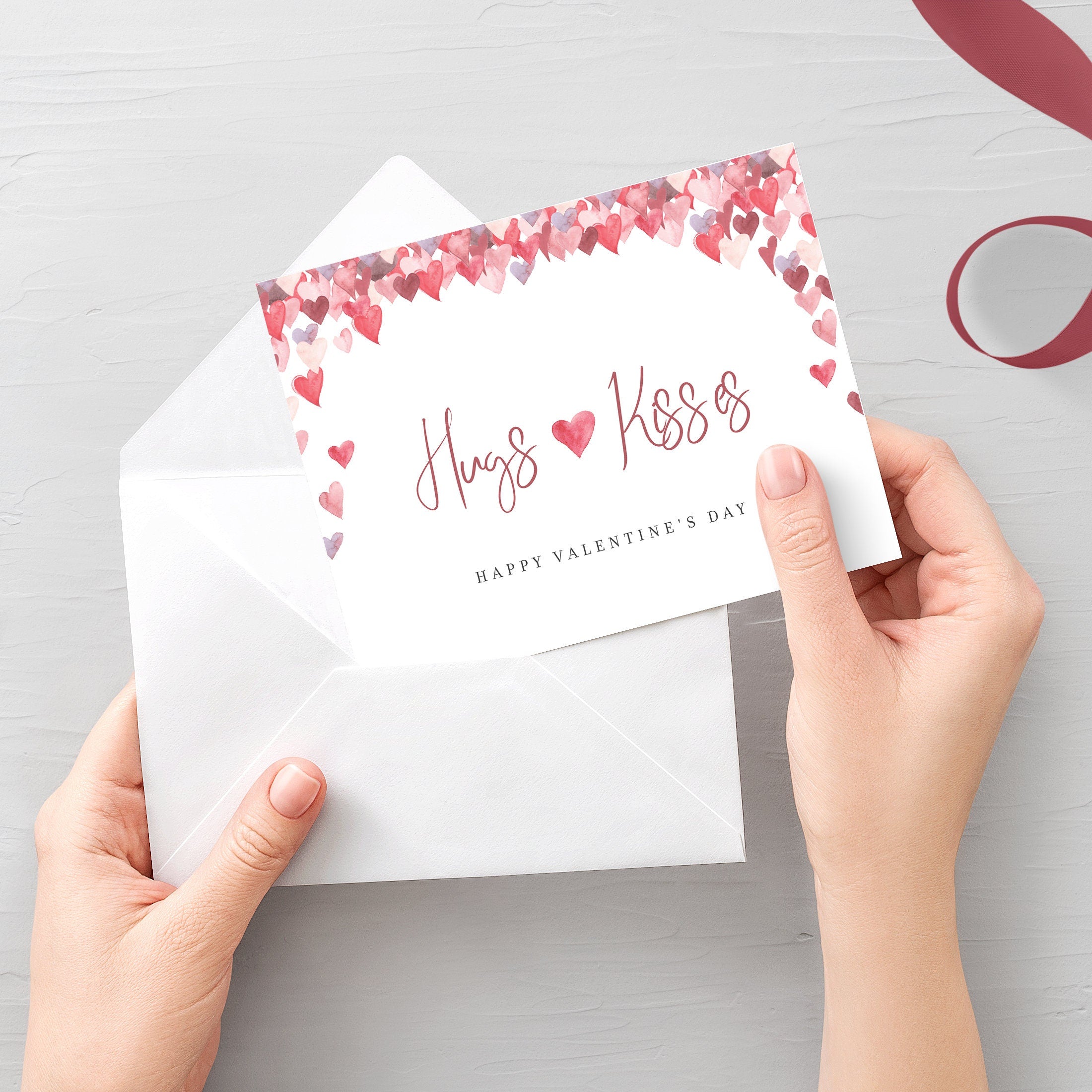 Valentines Hugs & Kisses Hearts Card Template, Printable Be My Valenti ...